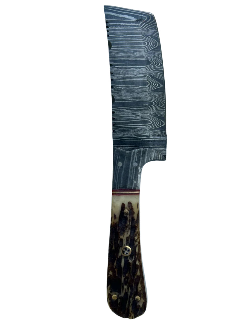 Damascus Cleaver Knife – Antler Handle with Floral Leather Sheath