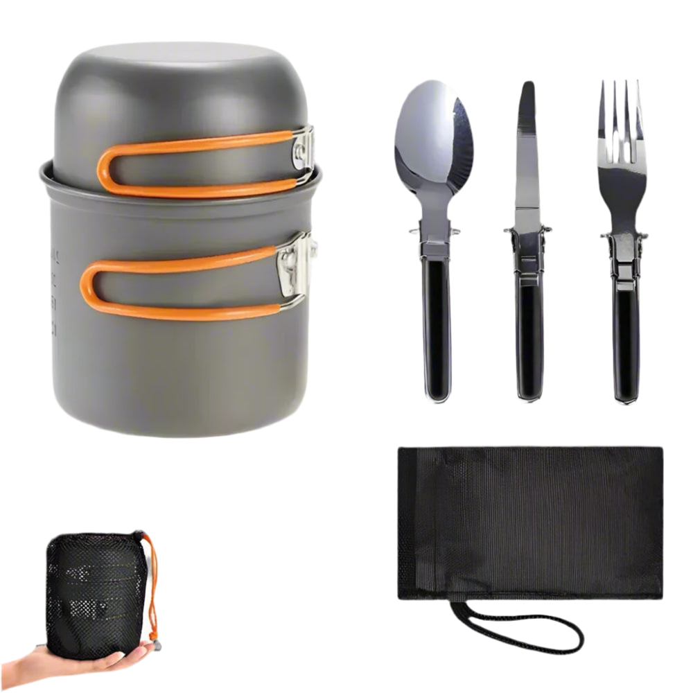 Portable Camping Cookware Set with Folding Utensils & Bag